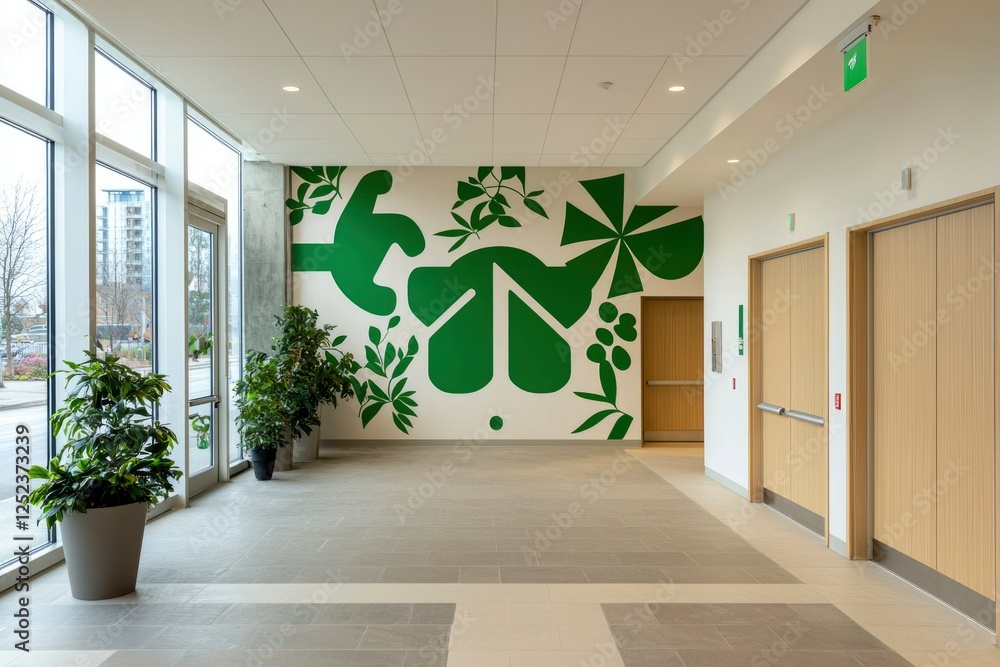 Building interior with plant mural, exit signs. Public space, art use ...