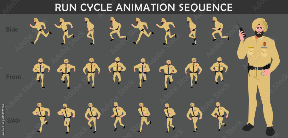 Police Officer Character Run cycle animation sequence. Front run, Side ...