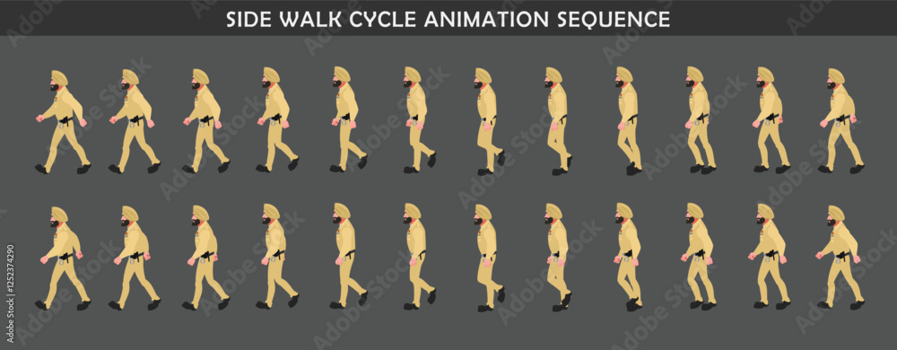 Police Officer Character walk cycle animation sequence. Side walk frame by frame animation ...