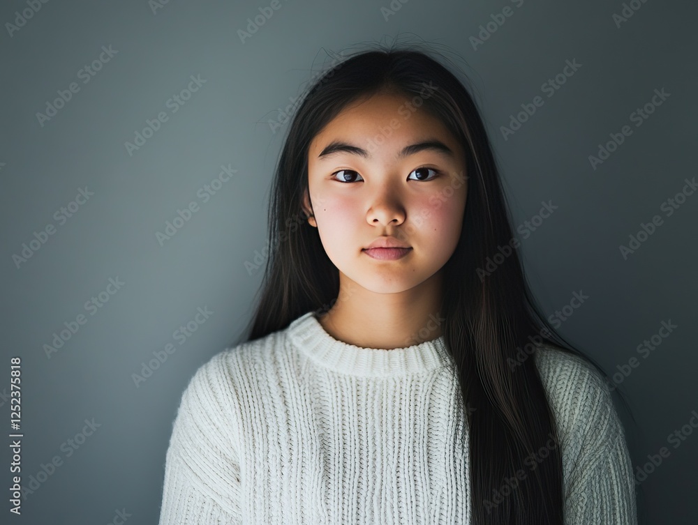 Serious Japanese high school girl in white sweater, standing pose ...