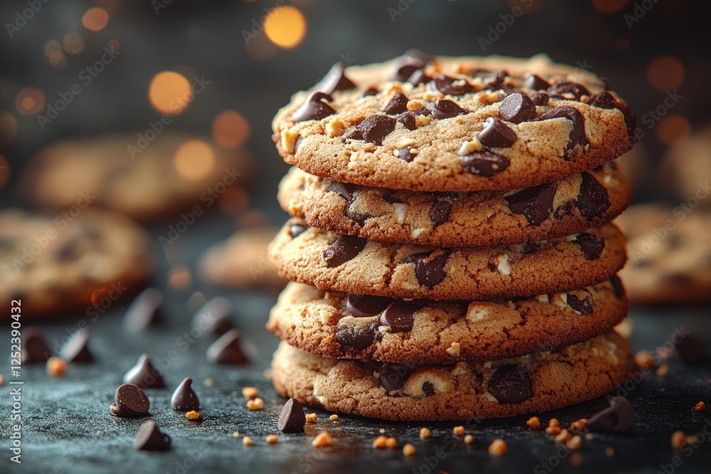 Hyper-realistic chocolate chip cookies stacked with rich textures and ...