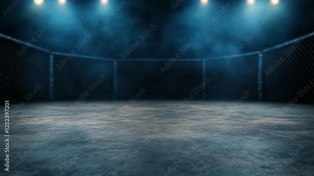 Empty MMA fighting ring with spotlight and mist on the isolated white ...