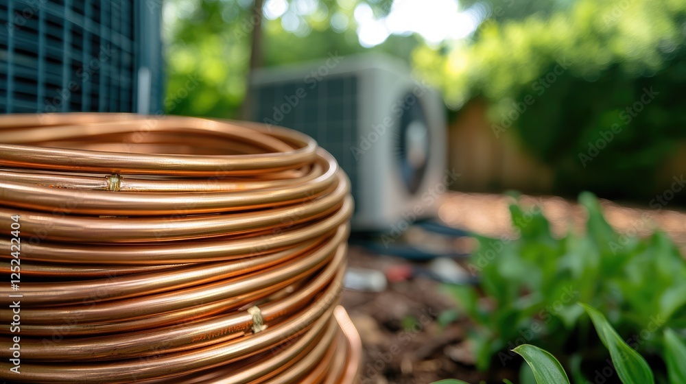 Coiled copper refrigerant pipes prepared for installation beside an ...
