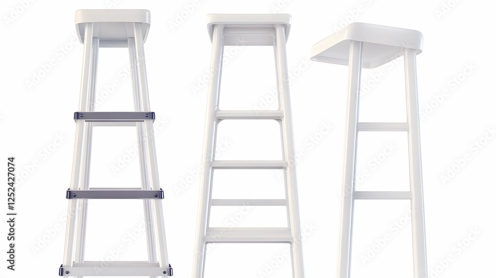 Three white bar stools, various heights, isolated on white background ...