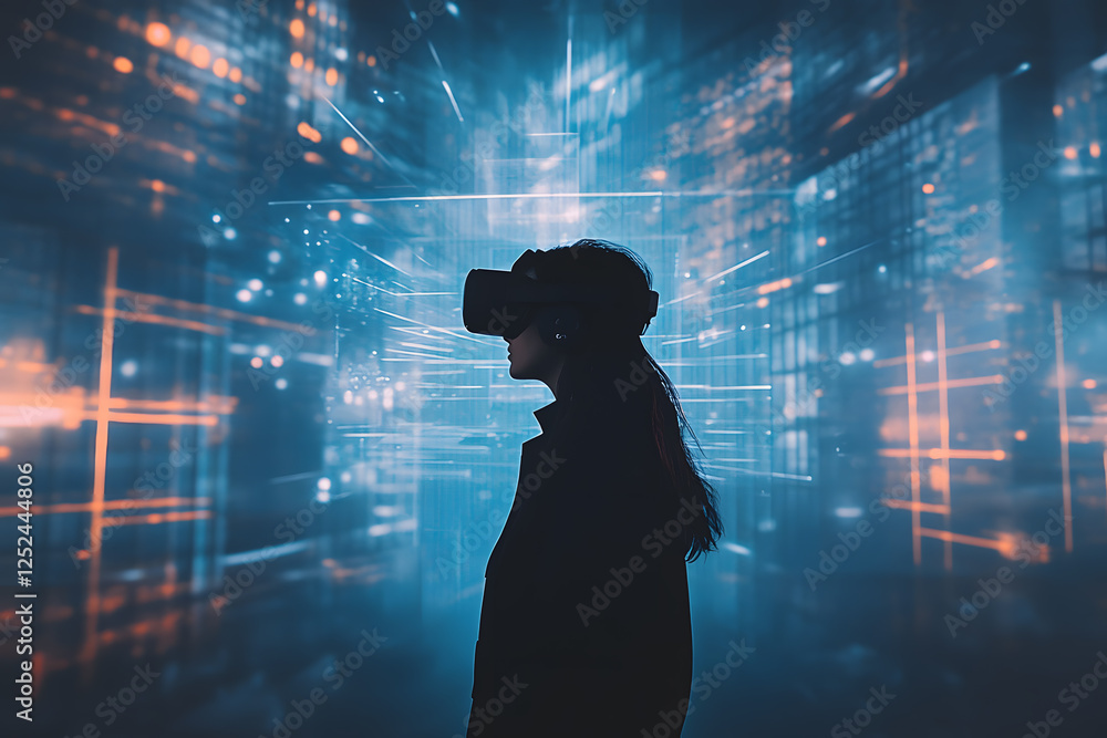 Asian girl wearing VR headset using AI artificial intelligence ...