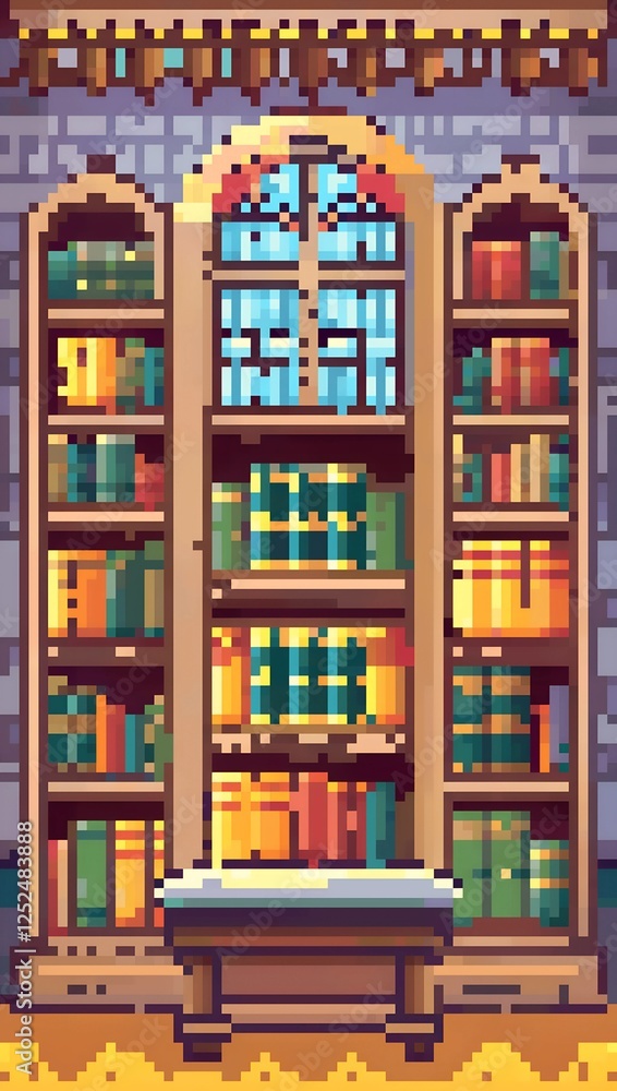 Vintage library with bookshelves and window view pixel art background ...