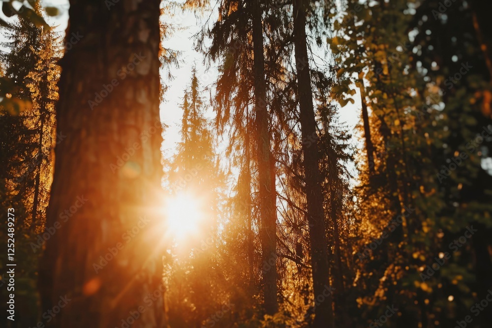 Sun rays bursting through forest trees creates a warm nature background ...