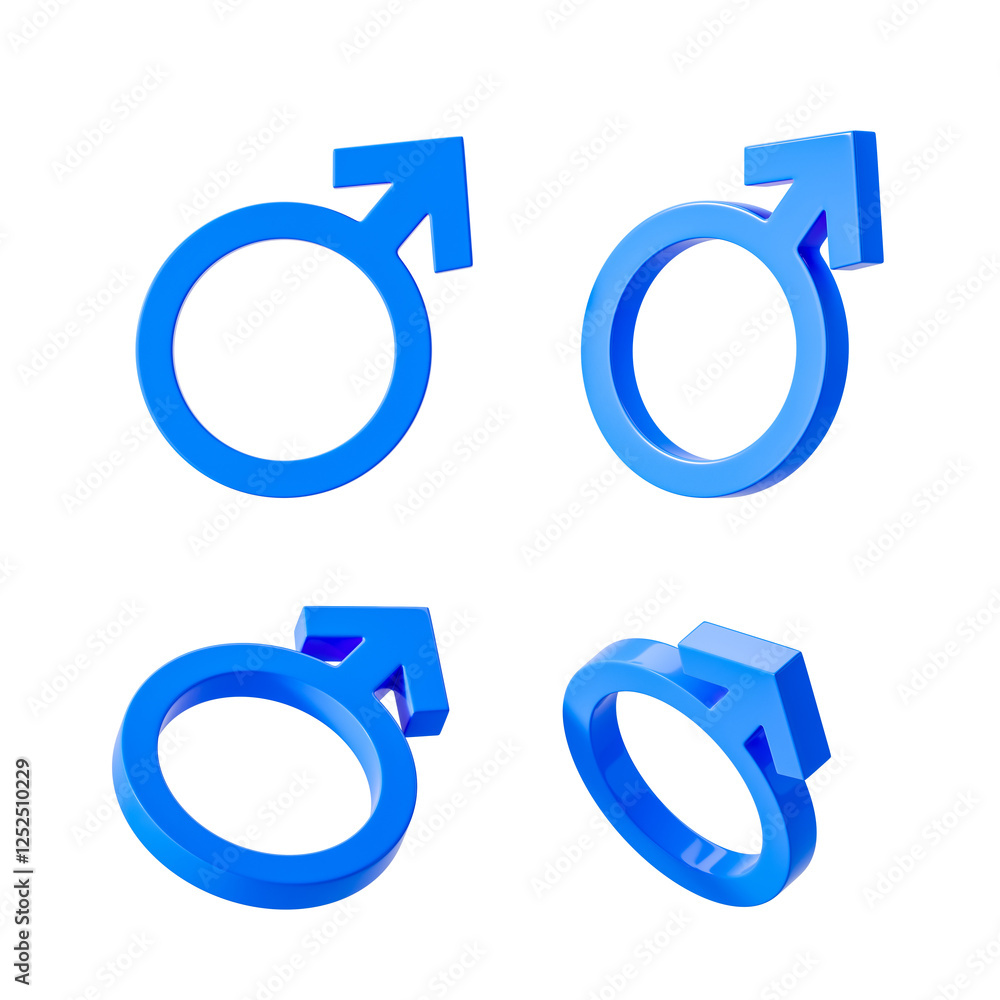 Four blue male gender symbols in 3D rendering, displayed from different ...