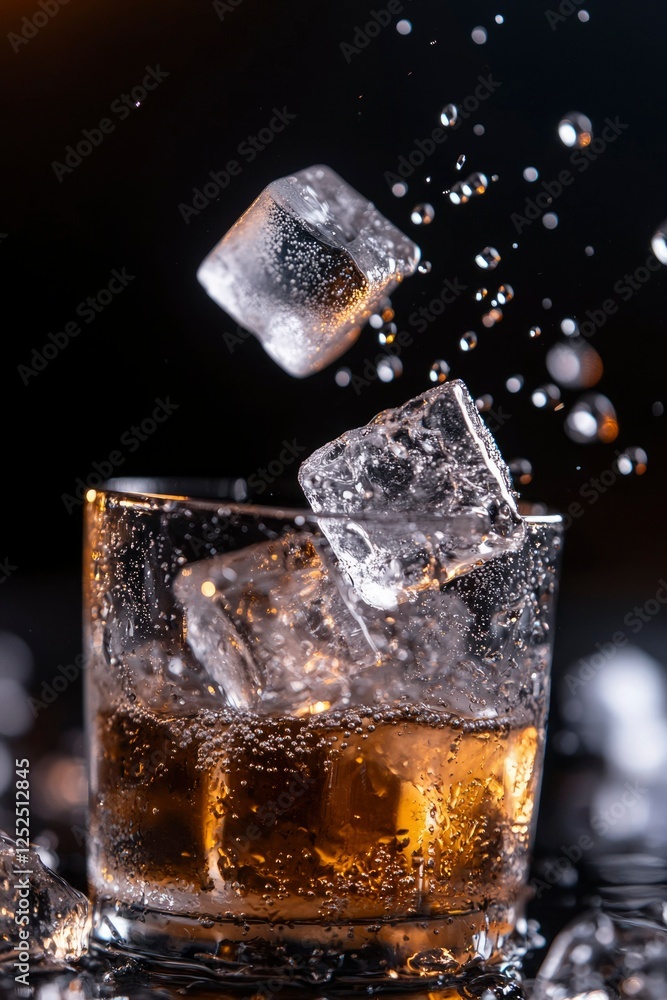 Ice falling into glass of whisky, dark background, for refreshing drink concepts Stock ...