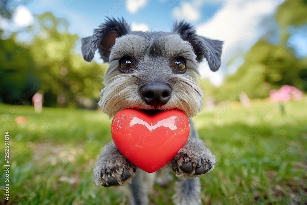 Cute miniature schnauzer dog with domestic animal toy red heart on a ...