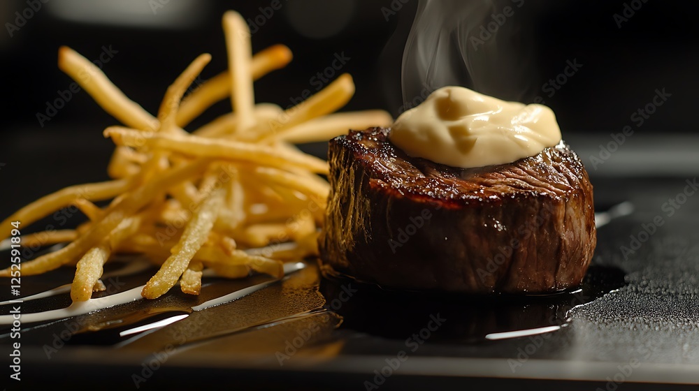 Steak frites medium rare strip loin steak with shoe string french fries ...