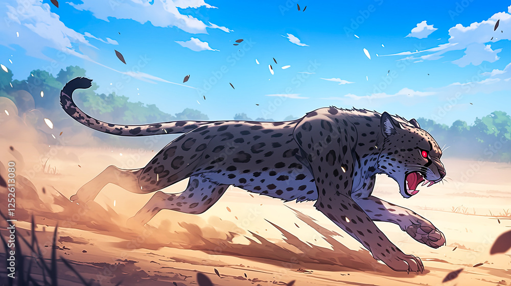 Leopard and anime cheetah running fast across sandy terrain in a ...