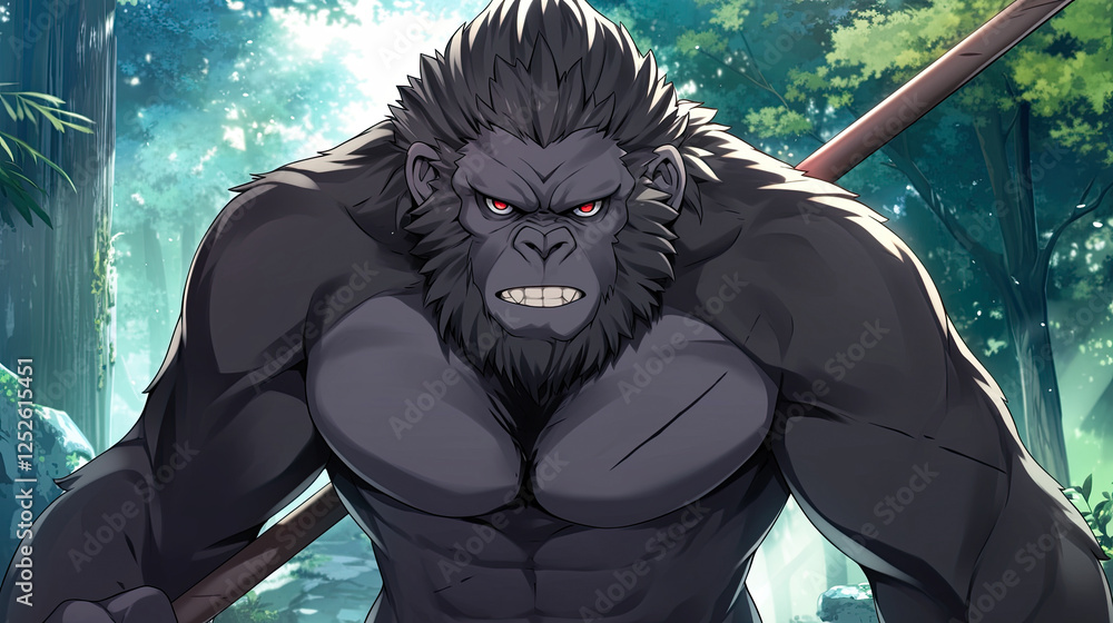 Anime illustration of a powerful gorilla character beating its chest in ...