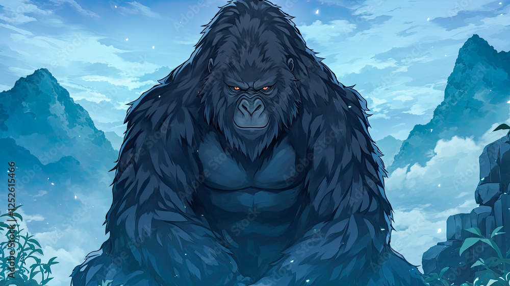 Big black gorilla and anime gorilla sitting in misty mountains with fog ...