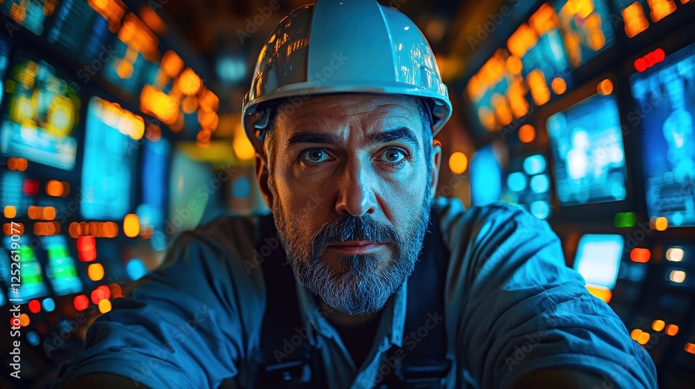 Employee monitors safety protocols while engaged in a focused review in ...