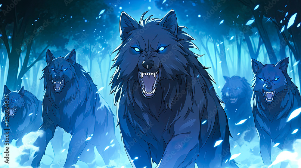 Group of werewolves walking through a forest with an anime wolf pack ...