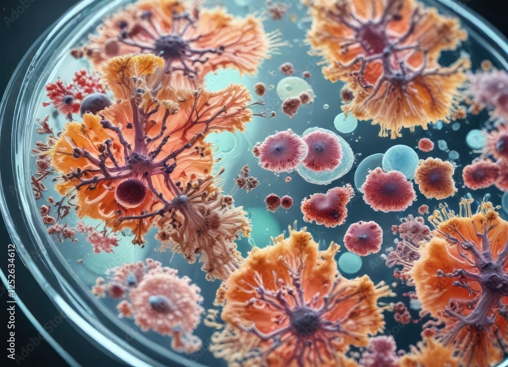 Microscopic view of a bacterial colony on agar plate, scientific ...