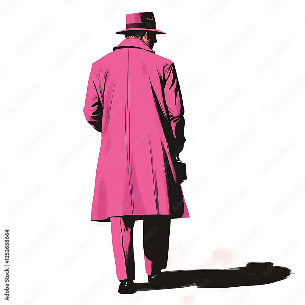 silhouette detective man wearing pink color hat and suit, secret agent ...