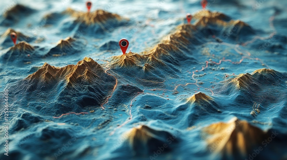 3D Topographic Map: Exploring Mountain Ranges with Location Markers ...
