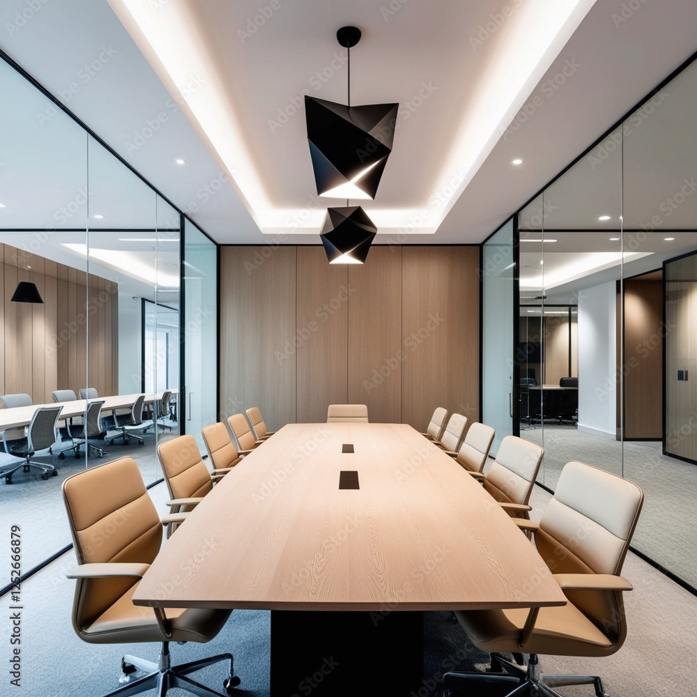 "Modern conference room with a minimalist design, featuring a long ...