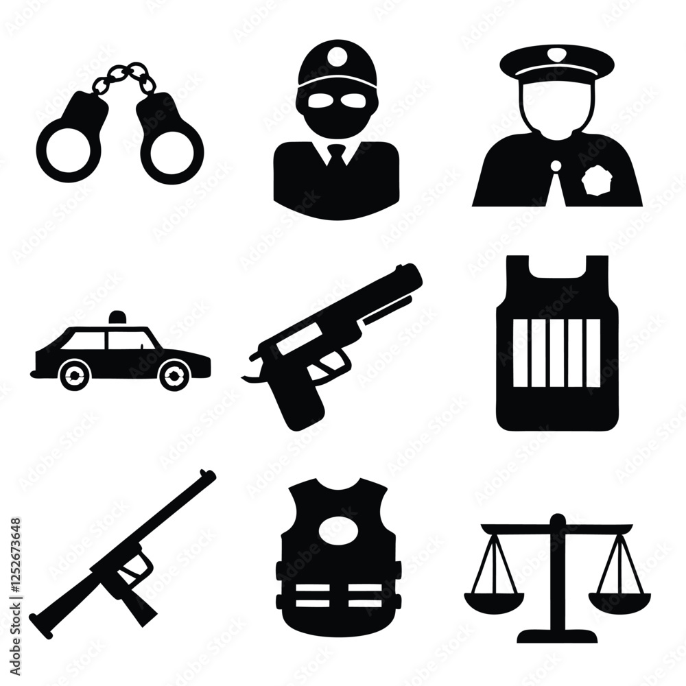 Silhouette Set of Police Symbols and Tools Stock Vector | Adobe Stock