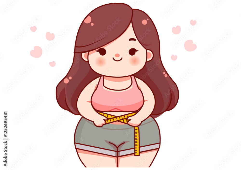 cute cartoon illustration A fat girl measures her waist circumference ...