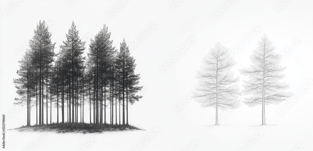Pencil Sketch Dense Pine Grove vs. Sparse Trees, White Background ...