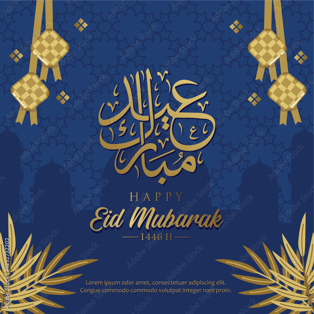 Luxurious Eid Mubarak 1446 Hijriyah 2025 Greeting Design with Golden Eid Mubarak Caligraphy Text ...