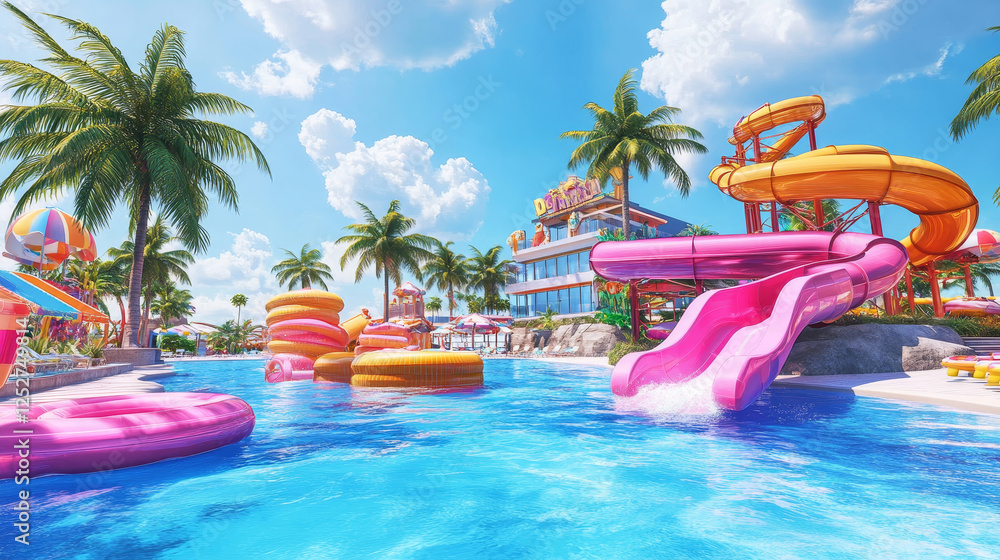 Isometric swimming pool, slides, palm tree and umbrella with chaise lounges, inflatable rings ...