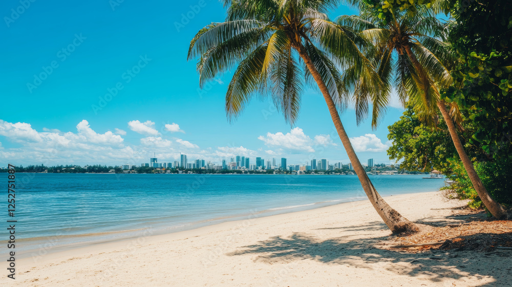 Tropical landscape with sea, sand beach and city on horizon. Vector ...
