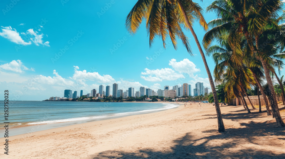 Tropical landscape with sea, sand beach and city on horizon. Vector ...
