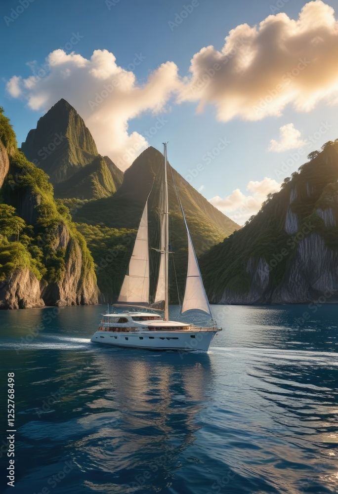 Ilustración de Stock Luxury yacht anchored off the coast of St Lucia's ...