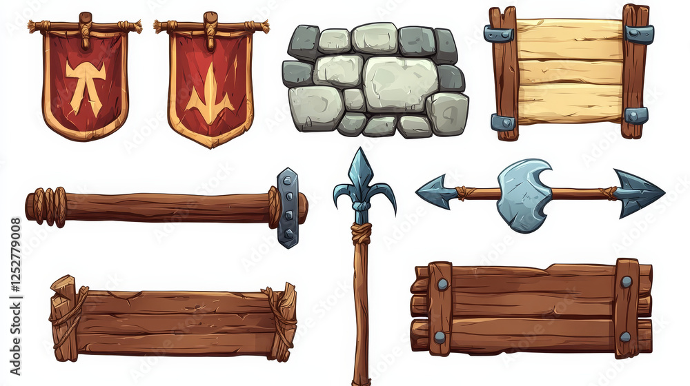 Game win and lose banners with stone brick frame and wooden board ...