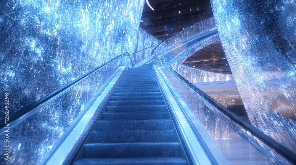 Escalators in mall. Moving staircase, automatic ladder with transparent glass railing and ...