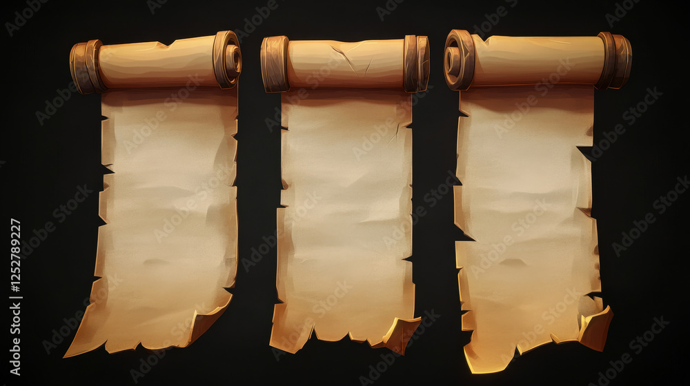 Old magic parchment paper scroll game ui icon. Ancient medieval papyrus ...