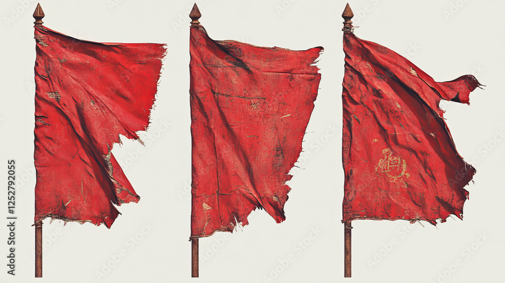 Torn royal medieval red game flag cartoon vector set. Old fabric ...