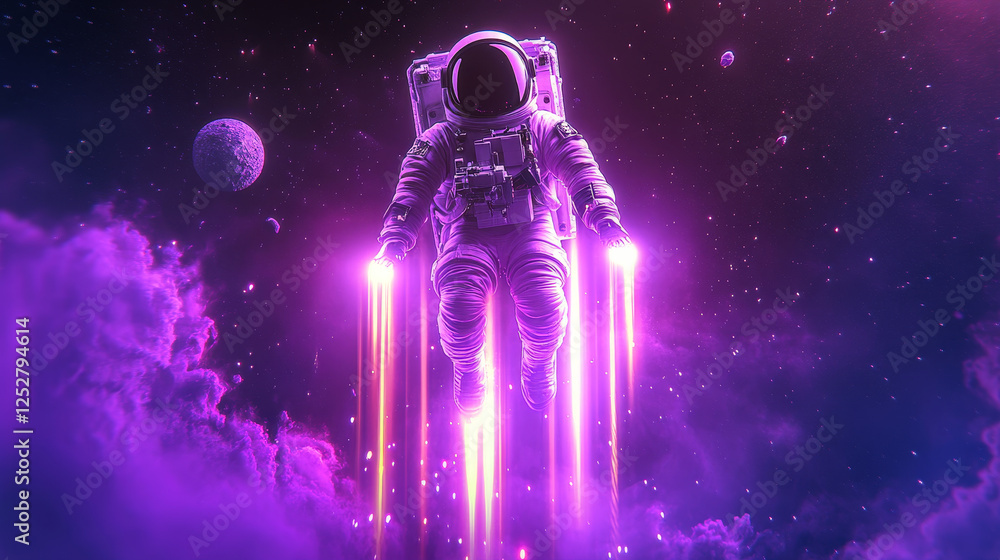 Jetpack light, purple fire flames of space rocket, shuttle launch ...