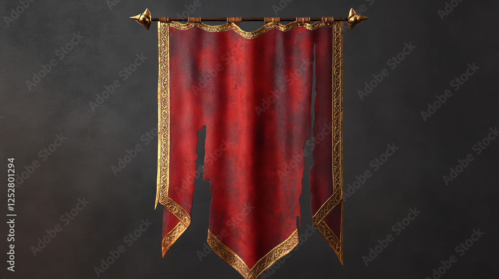 Blank vertical medieval flag mockup game design. Isolated 3d red ...