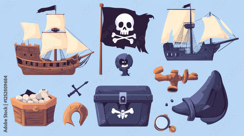 Ghost ship set with pirate, treasure chest and black jolly roger flag ...