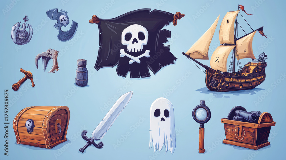 Ghost ship set with pirate, treasure chest and black jolly roger flag ...