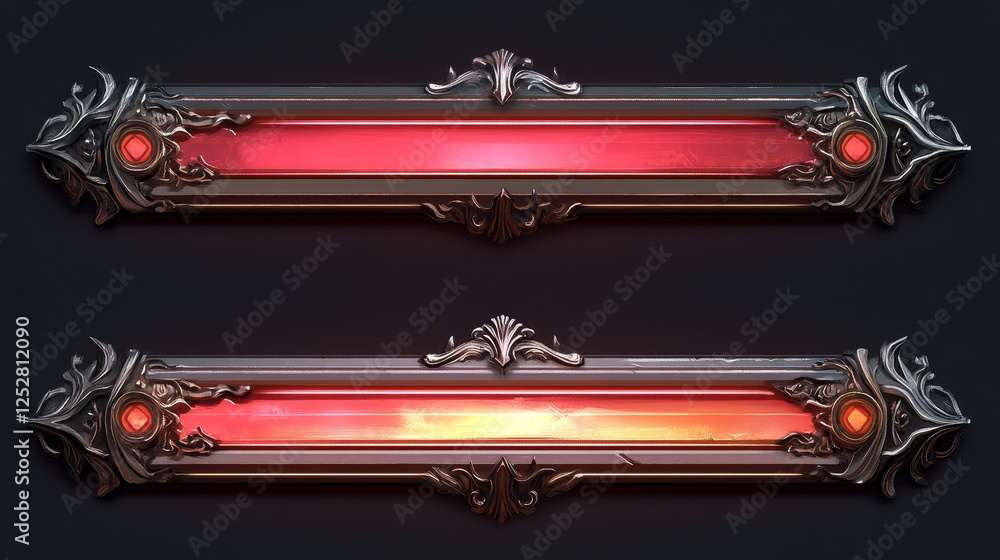 Progress bar loading steps with flourish decorated metal frame with red ...
