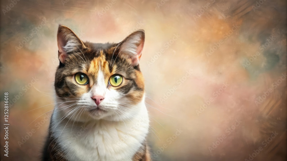 Muted colour palette featuring a large calico cat's face in the centre ...