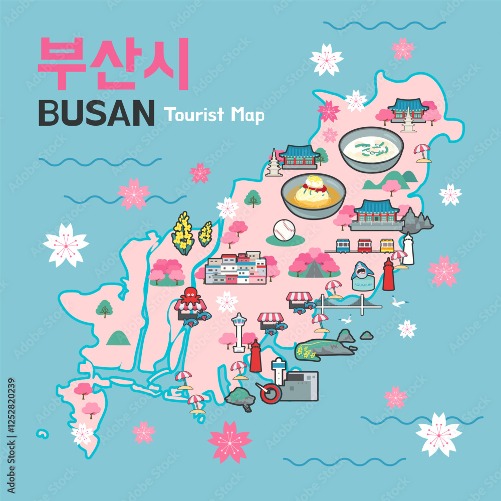 Busan Tourist Map Vector illustration. Beautiful Busan attraction in Cherry blossom season ...