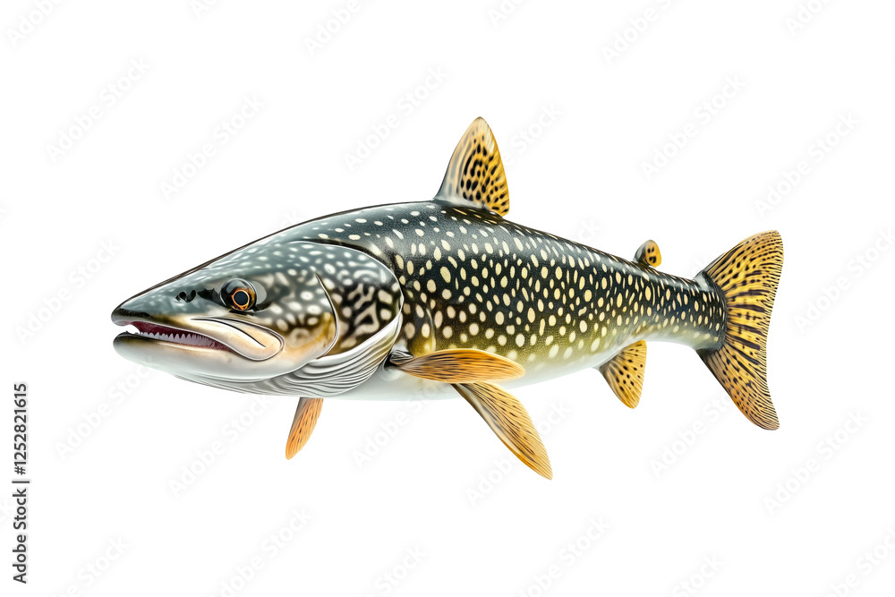 Detailed northern pike fish with spotted scales, fins and sharp jaw ...