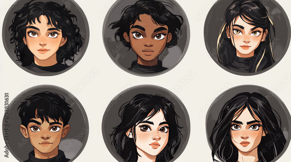 People avatars, round icons with faces of male and female characters ...