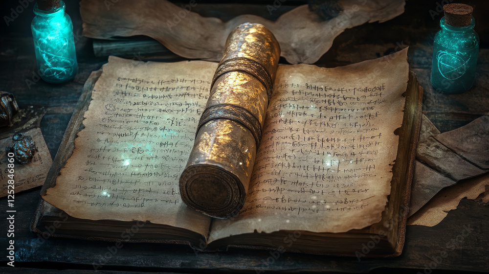 Magic parchments, ancient mystic spells, papyrus scrolls with glow ...