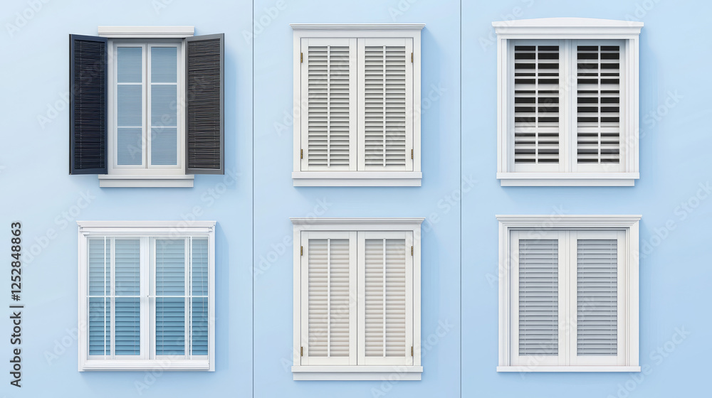 Windows with jalousie and roller shutter curtains. Plastic pvc single ...