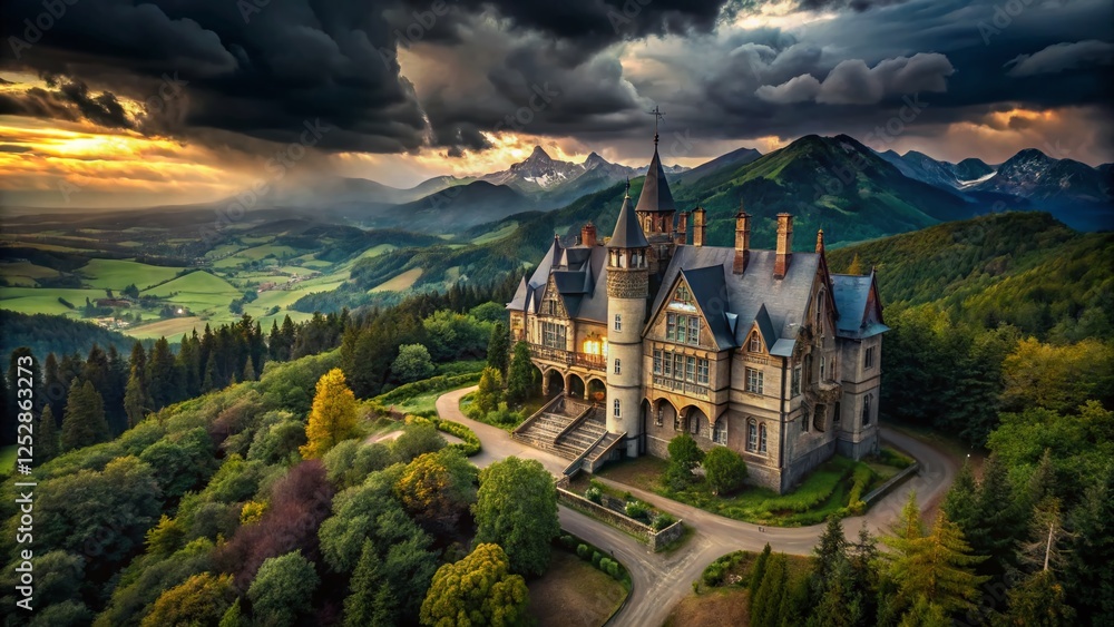 Aerial View of Mysterious Mansion, Evil Lair, Villain's Hideout, Dark ...