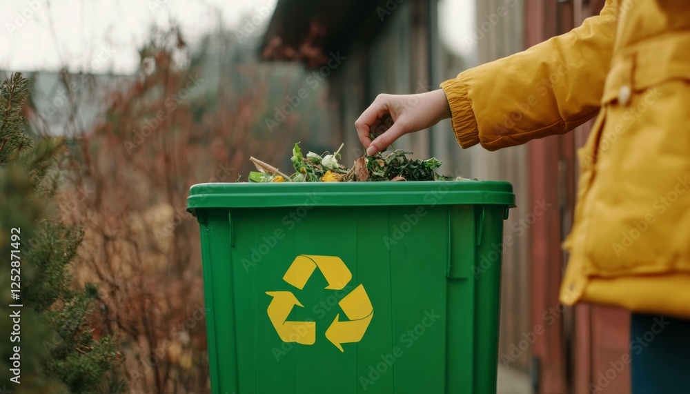 hand putting a food waste, yard waste in green organic recycling bin ...