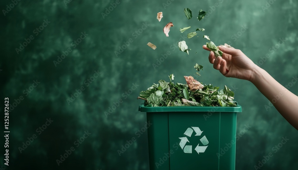 hand putting a food waste, yard waste in green organic recycling bin ...